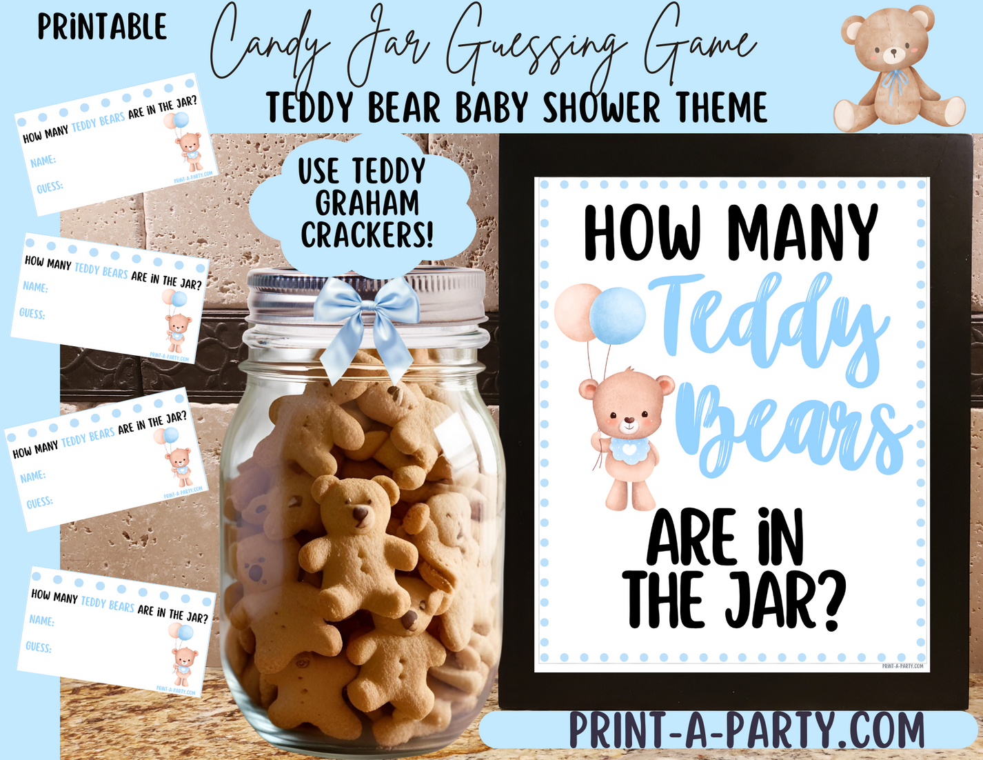 Candy Jar Guessing Game - TEDDY BEARS BLUE - Printable Game for Baby S – PrintAParty