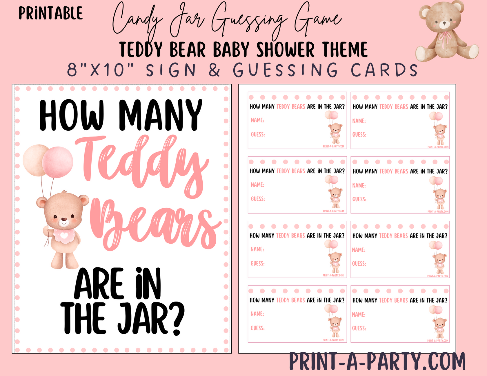 Candy Jar Guessing Game - TEDDY BEARS PINK - Printable Game for Baby S ...