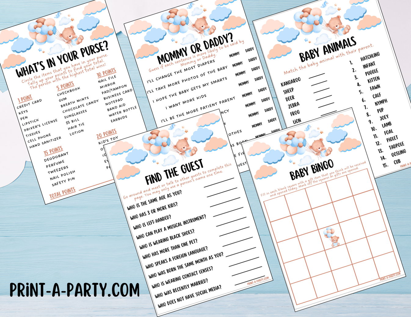 Teddy Bear Blue Baby Shower Printable Games (5 x 7) - Instant download ...