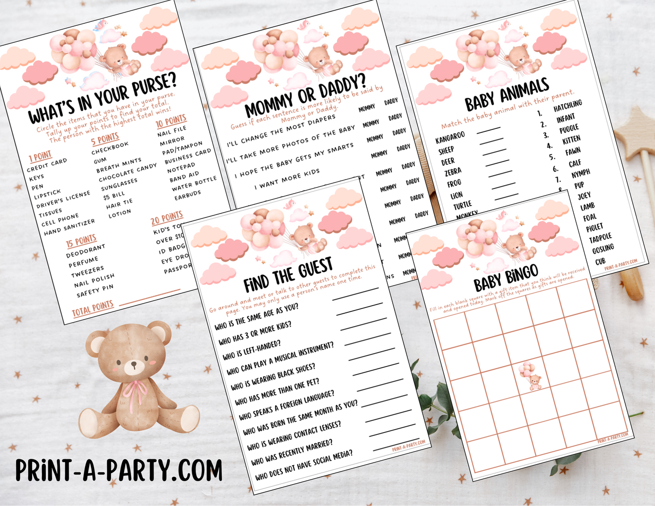 Teddy Bear Pink Baby Shower Printable Games (5 x 7) - Instant download ...