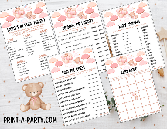GAMES Teddy Bear Pink Baby Shower, 5 x 7 Instant Download Games ...