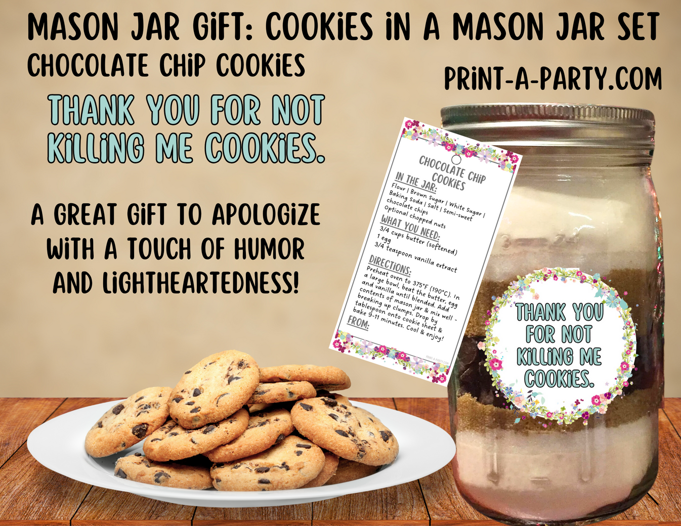 Printable Humorous Apology Chocolate Chip Mason Jar Cookie - I'm Sorry ...
