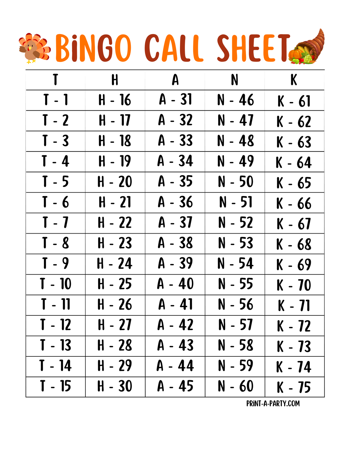 Printable Thanksgiving Bingo Cards T-H-A-N-K in 30, 40 or 50 cards ...