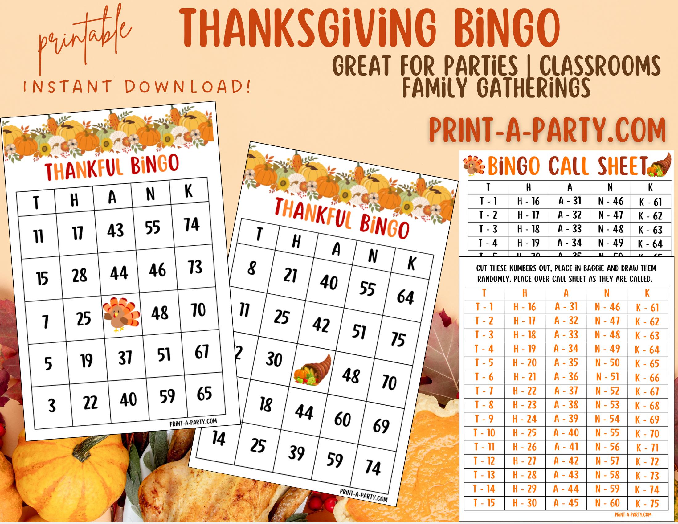 Printable Thanksgiving Bingo Cards T-H-A-N-K in 30, 40 or 50 cards ...