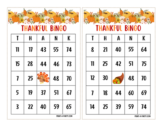 Printable Thanksgiving Bingo Cards T-H-A-N-K in 30, 40 or 50 cards ...