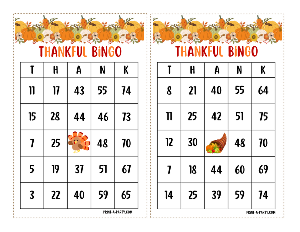 Printable Thanksgiving Bingo Cards T-H-A-N-K in 30, 40 or 50 cards ...