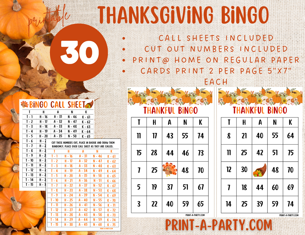 Printable Thanksgiving Bingo Cards T-H-A-N-K in 30, 40 or 50 cards ...