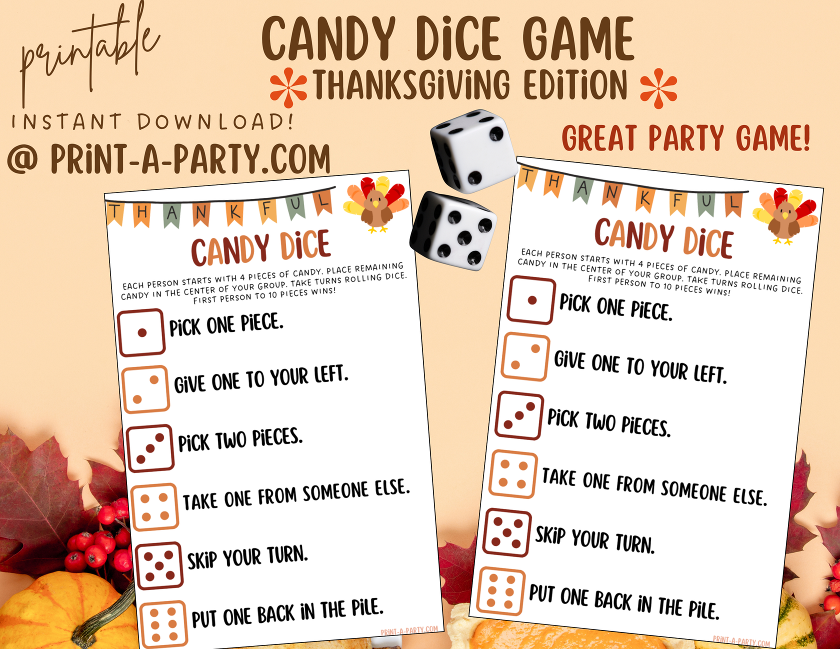 DICE GAME: Thanksgiving Themed Dice Candy Game Printable - Fun Fall Ac ...