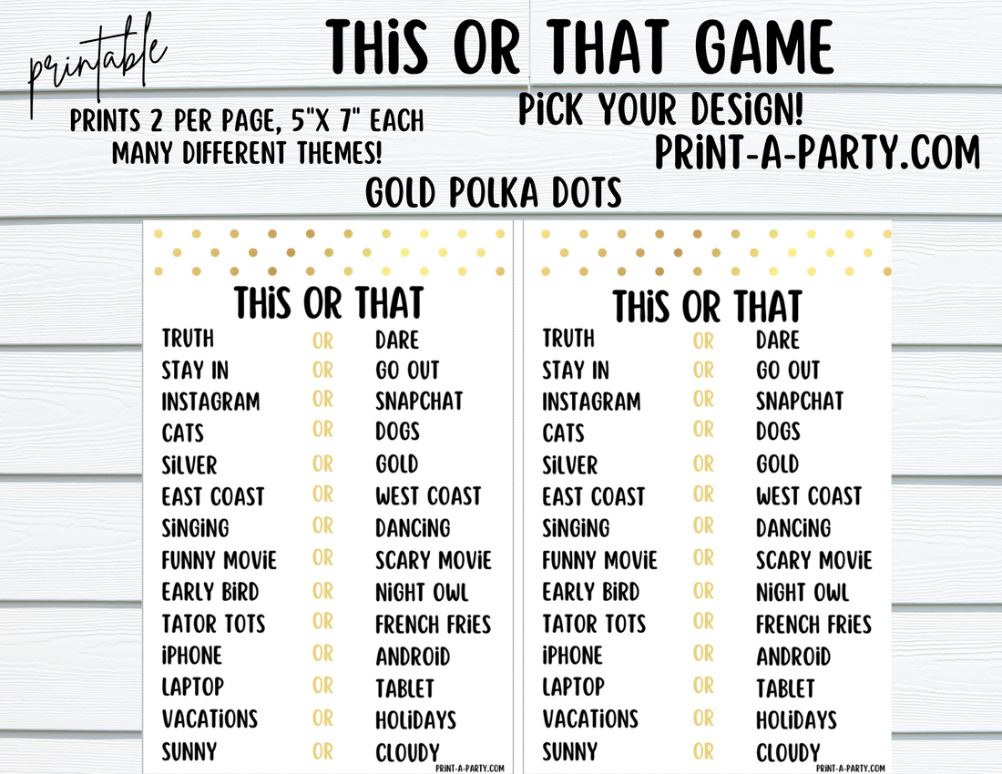 THIS OR THAT GAME | Game Printable | 2 games per page | Birthday Game ...