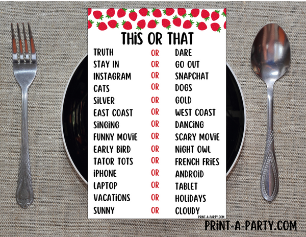 THIS OR THAT GAME | Game Printable | 2 games per page | Birthday Game ...