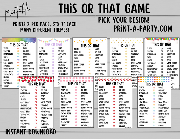 THIS OR THAT GAME | Game Printable | 2 games per page | Birthday Game ...