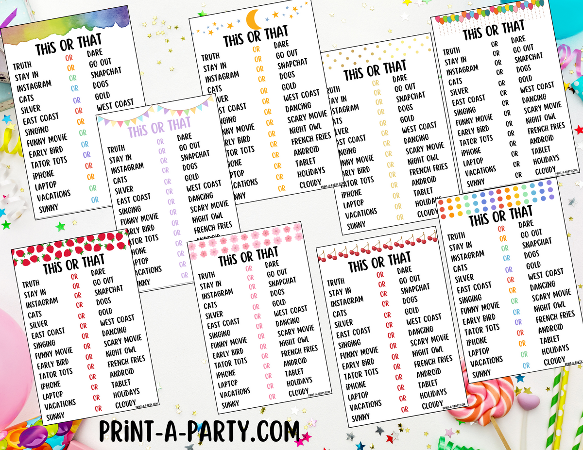 THIS OR THAT GAME | Game Printable | 2 games per page | Birthday Game ...