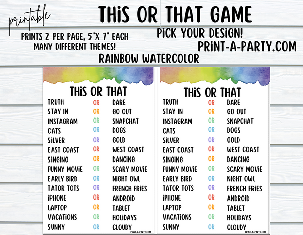THIS OR THAT GAME | Game Printable | 2 games per page | Birthday Game ...