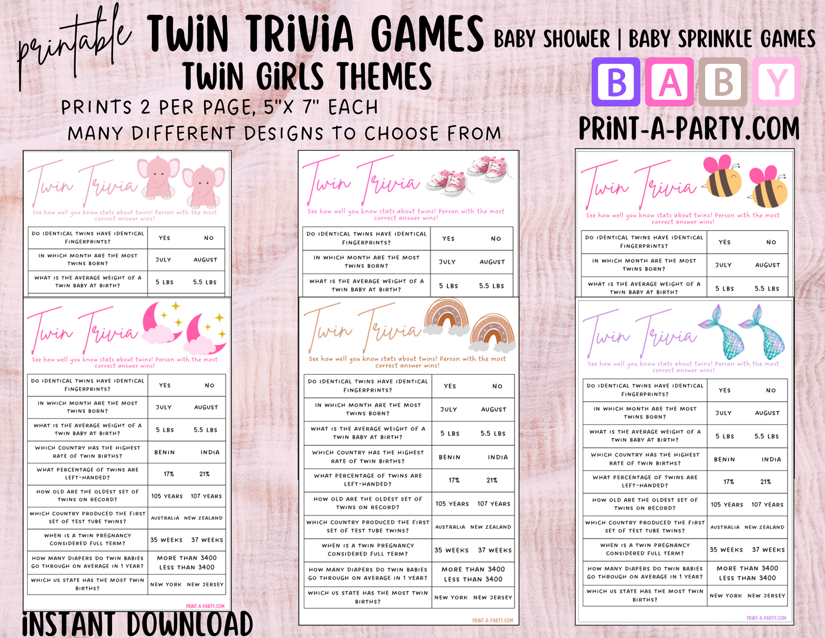Twin Girls Printable Trivia Game – Twin Baby Shower Activities & Games ...
