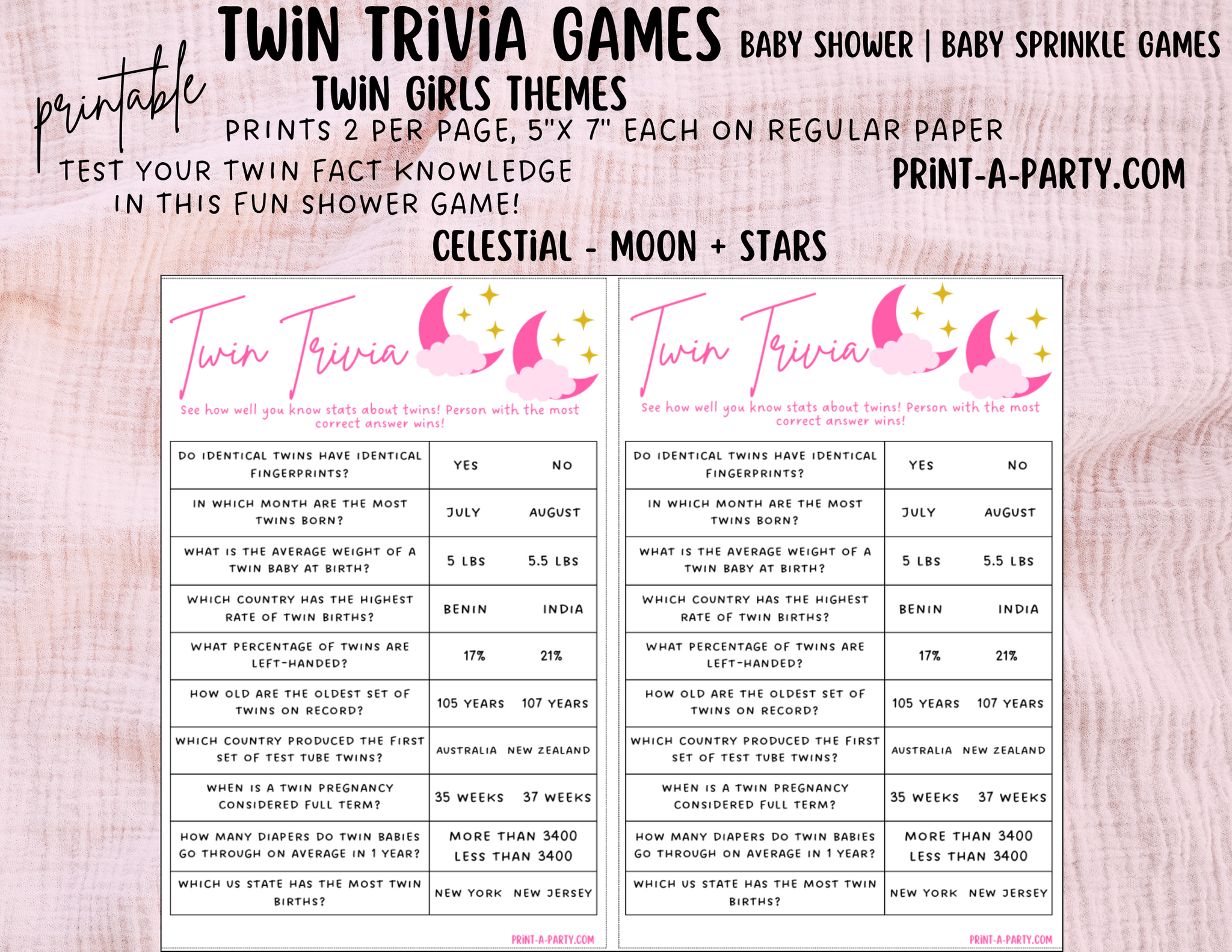 Twin Girls Printable Trivia Game – Twin Baby Shower Activities & Games ...