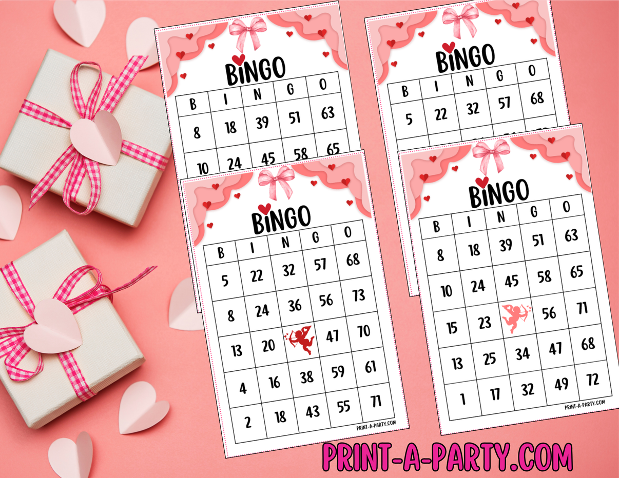 Printable Valentine's Day Bingo Cards w hearts and cupid - 30, 40 or 50 ...