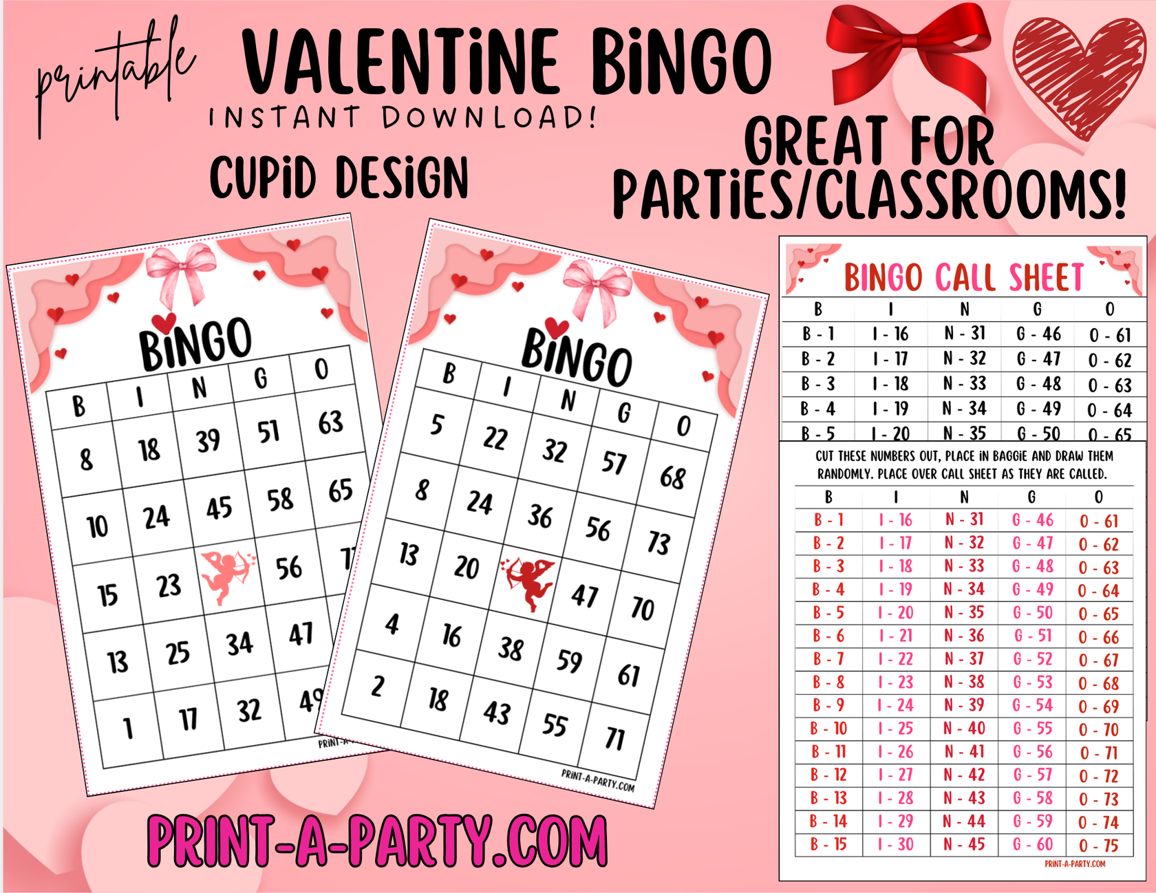 Printable Valentine's Day Bingo Cards w hearts and cupid - 30, 40 or 50 ...