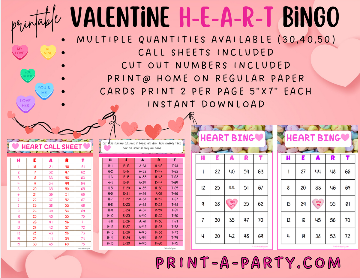 Valentine Bingo | Heart Bingo Printable | Choose your size and design ...