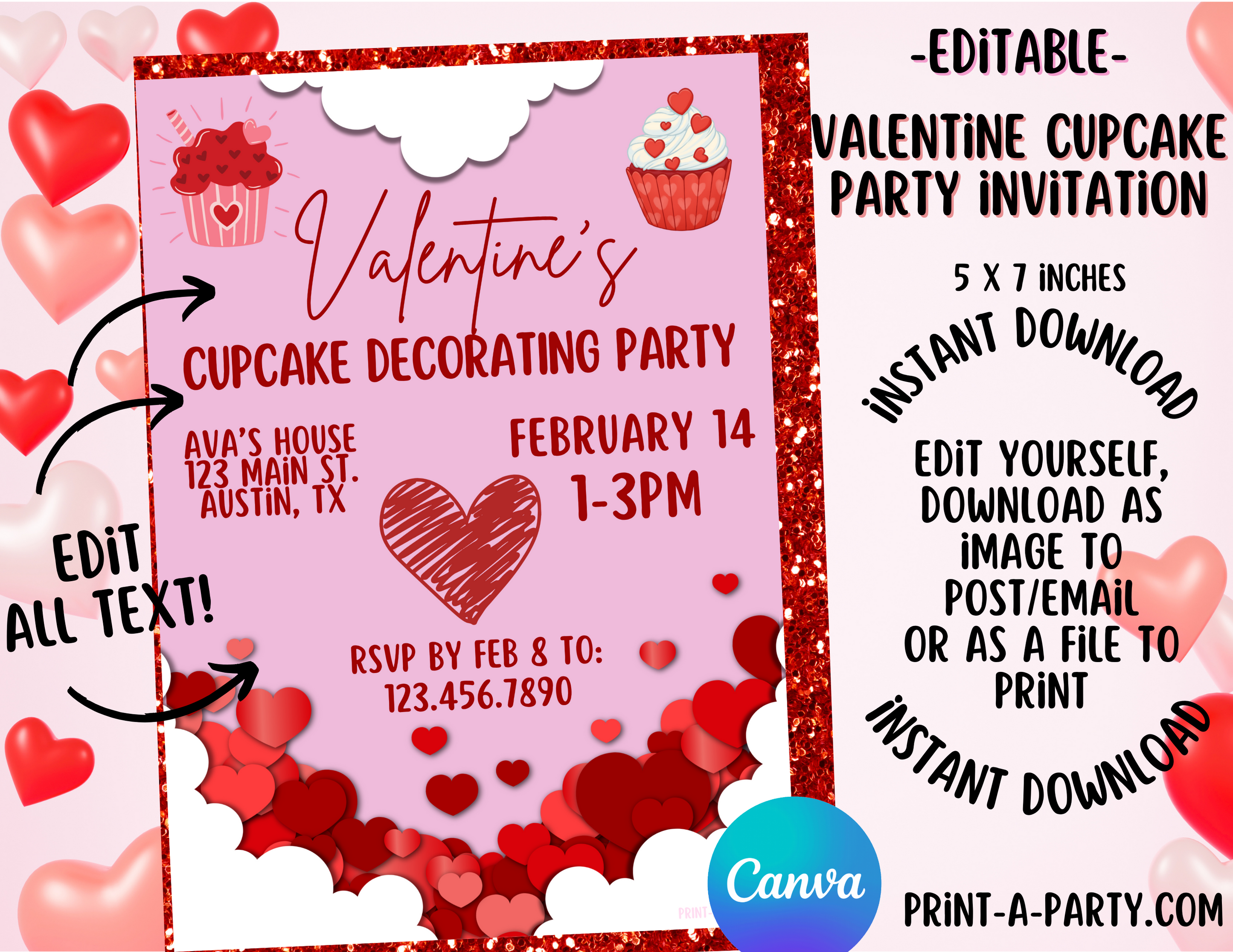 Editable Valentine Cupcake Decorating Invite | Printable 5x7 Canva Tem ...