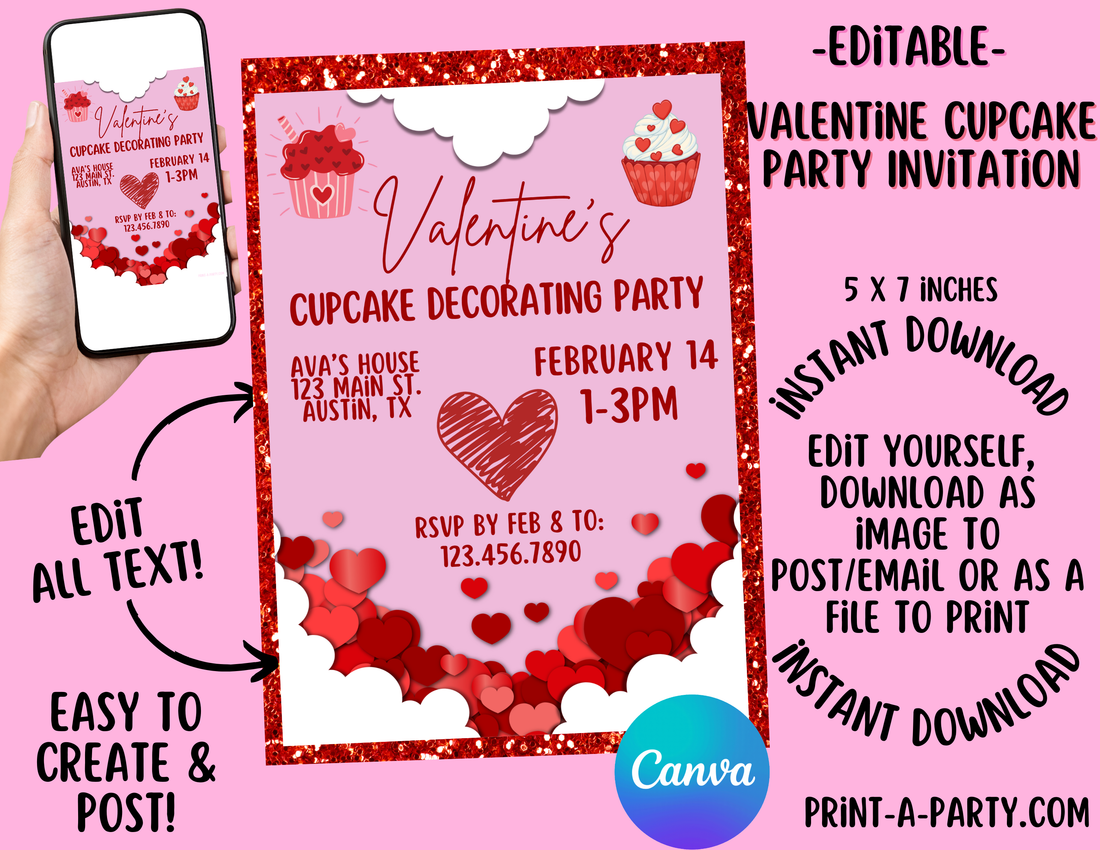 Editable Valentine Cupcake Decorating Invite | Printable 5x7 Canva Tem ...
