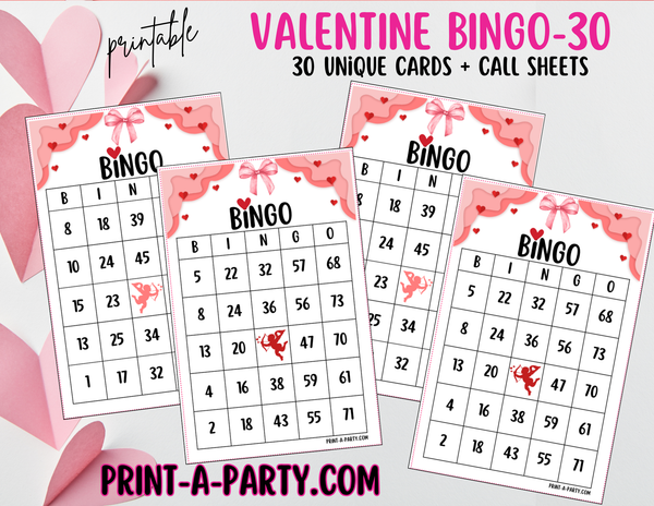 Printable Valentine's Day Bingo Cards w hearts and cupid - 30, 40 or 50 ...