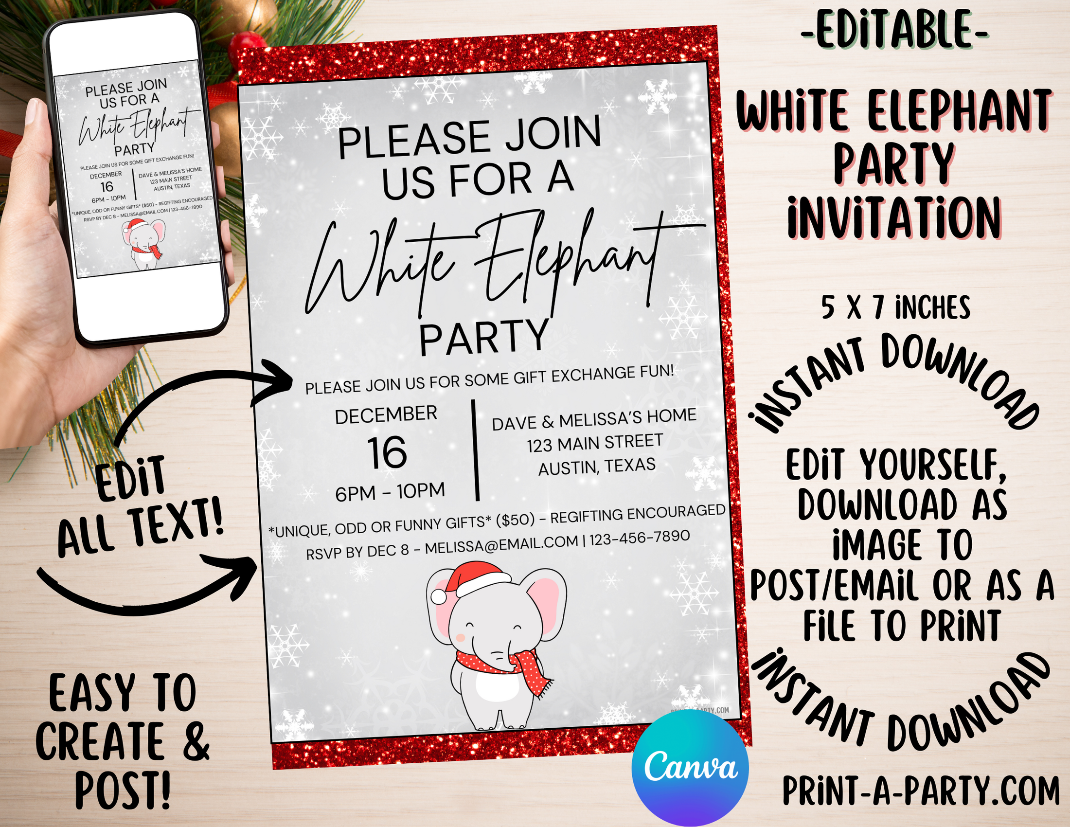 WHITE ELEPHANT PARTY Christmas Party Invitation - Editable Holiday Inv ...