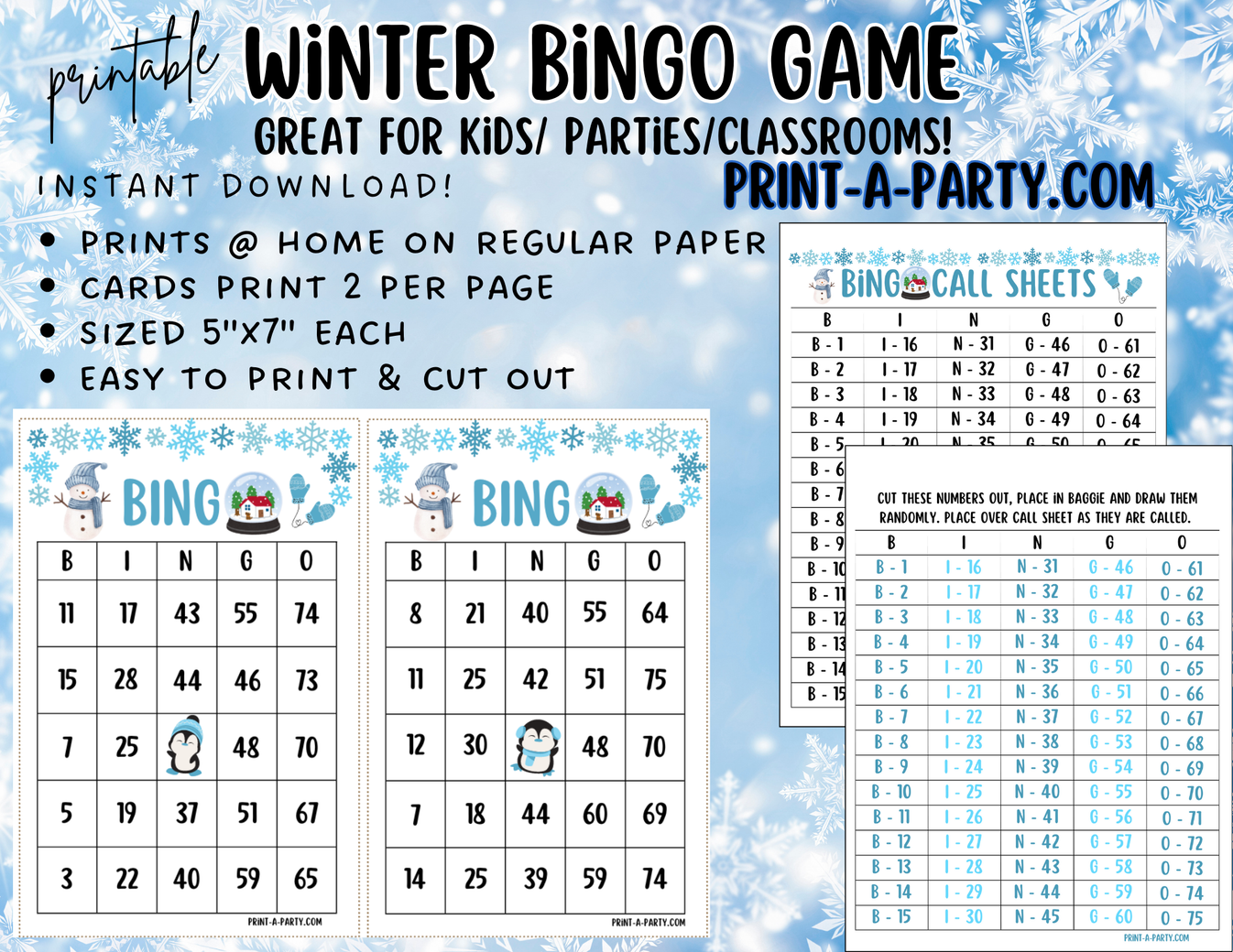 Printable Winter Bingo Cards + Call Sheets | Winter Game for kids or ...