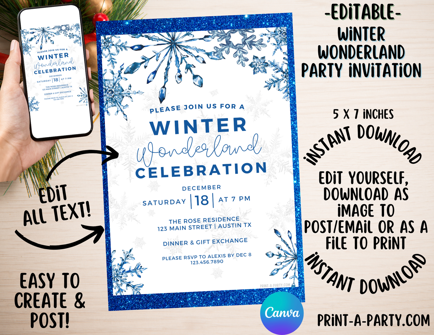 WINTER WONDERLAND PARTY INVITATION - Editable Holiday Invitation Templ ...