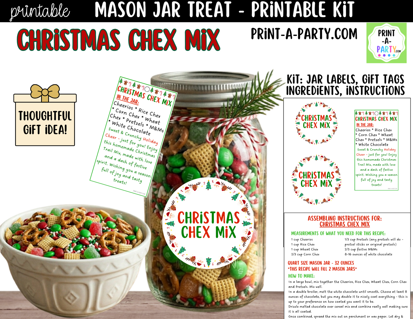 Christmas Chex Mix in a Mason Jar Gift Printable Kit - Labels, Tag, Re ...