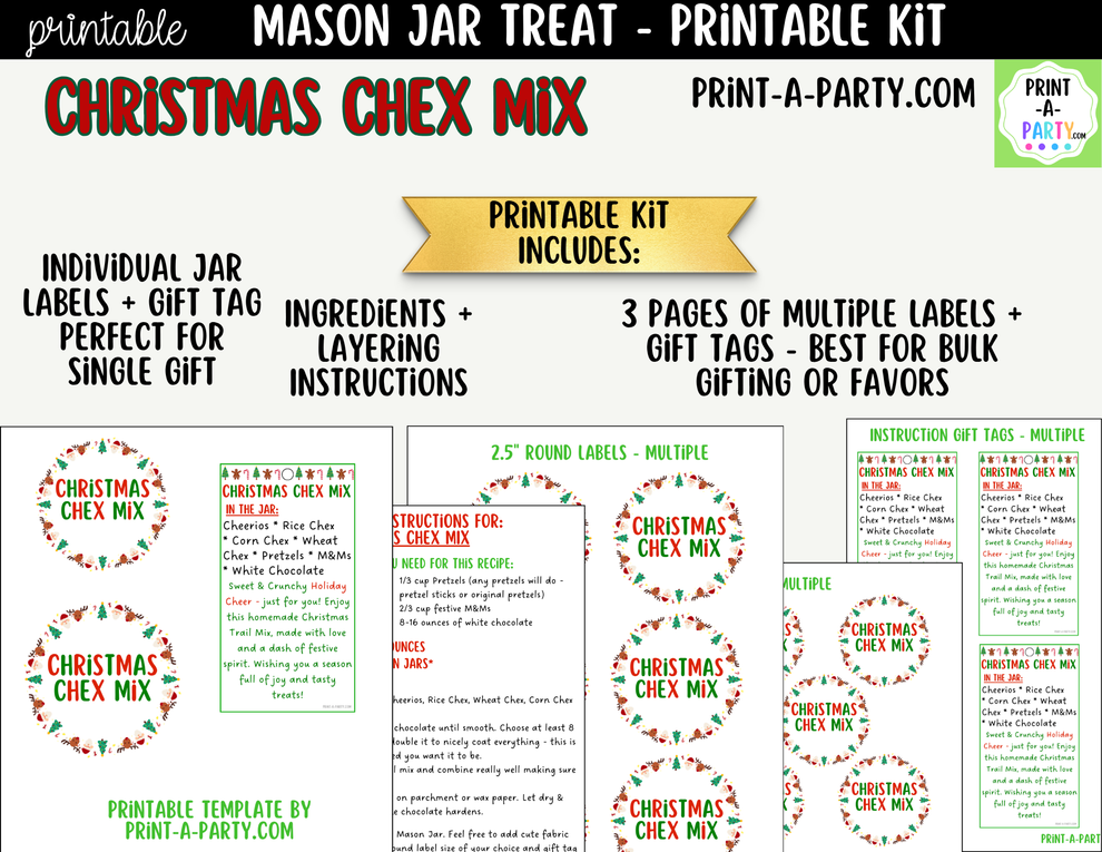 Christmas Chex Mix in a Mason Jar Gift Printable Kit - Labels, Tag, Re ...
