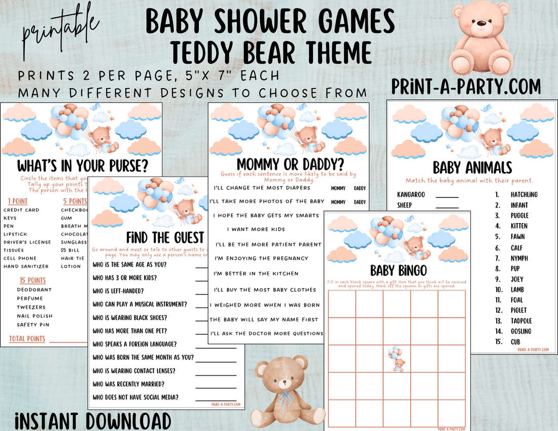 GAMES Teddy Bear Blue Baby Shower, 5 x 7 Instant Download Games ...