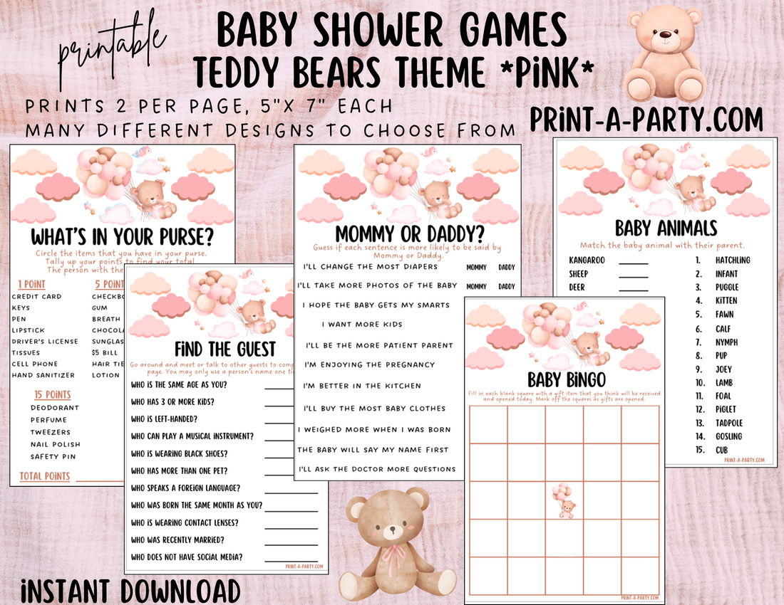 GAMES Teddy Bear Pink Baby Shower, 5 x 7 Instant Download Games ...