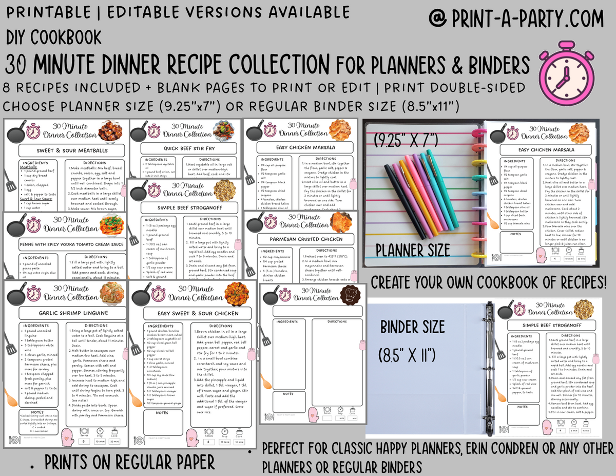 DIY Cookbook | 30 MINUTE DINNER Recipe Collection | PRINTABLE OR EDITA ...