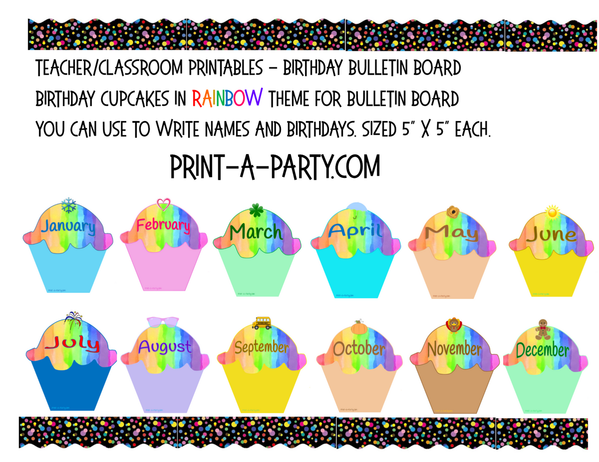 Classroom Birthday Bulletin Board Monthly Cupcakes – PrintAParty